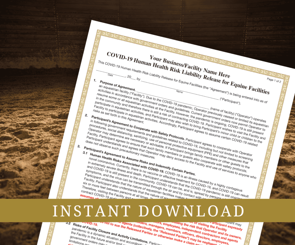 COVID-19 Human Health Risk Liability Release Form for Equine Facilities ...